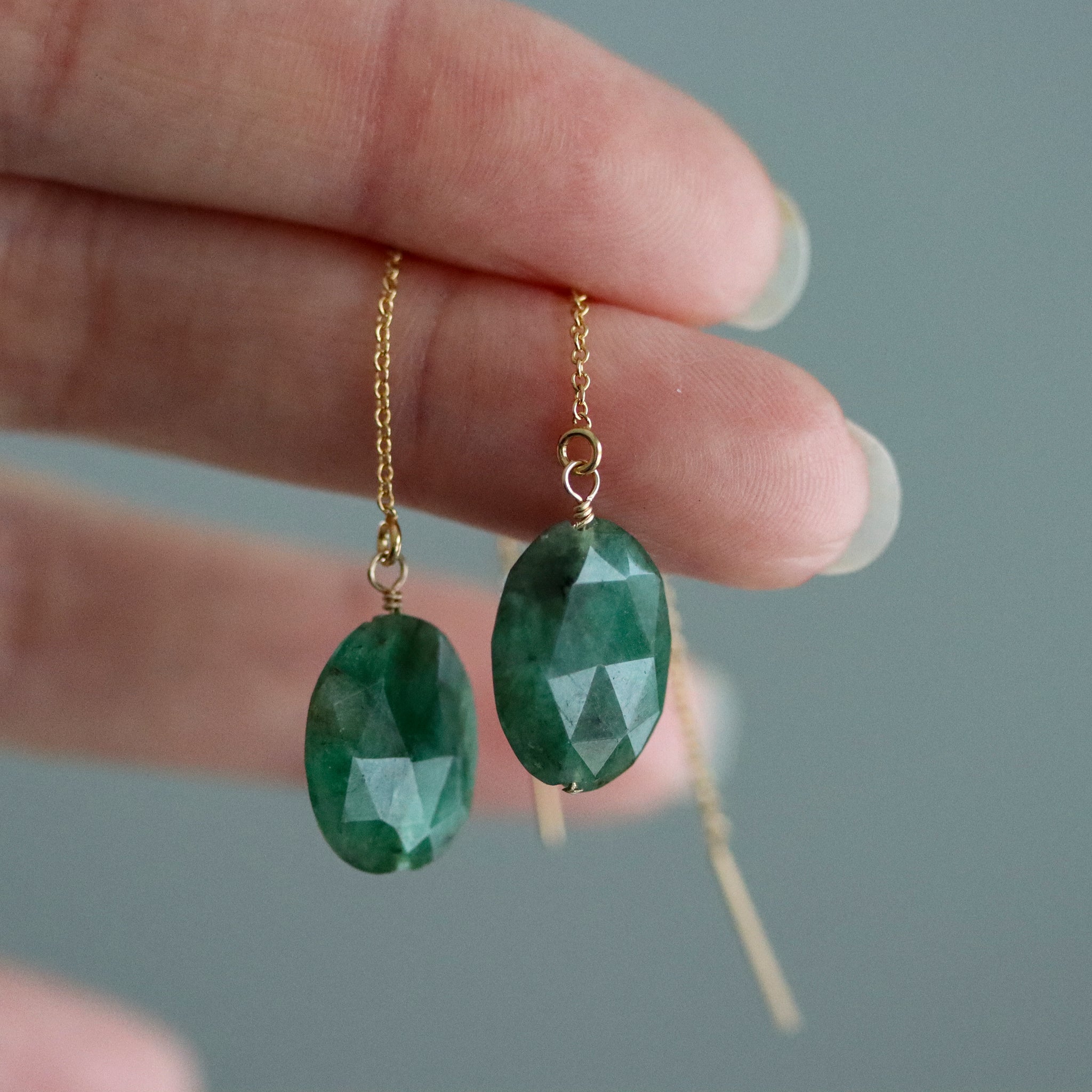 Palma Emerald Threader Earrings - Modern gemstone and chain dangle design - Rebecca Haas Jewelry