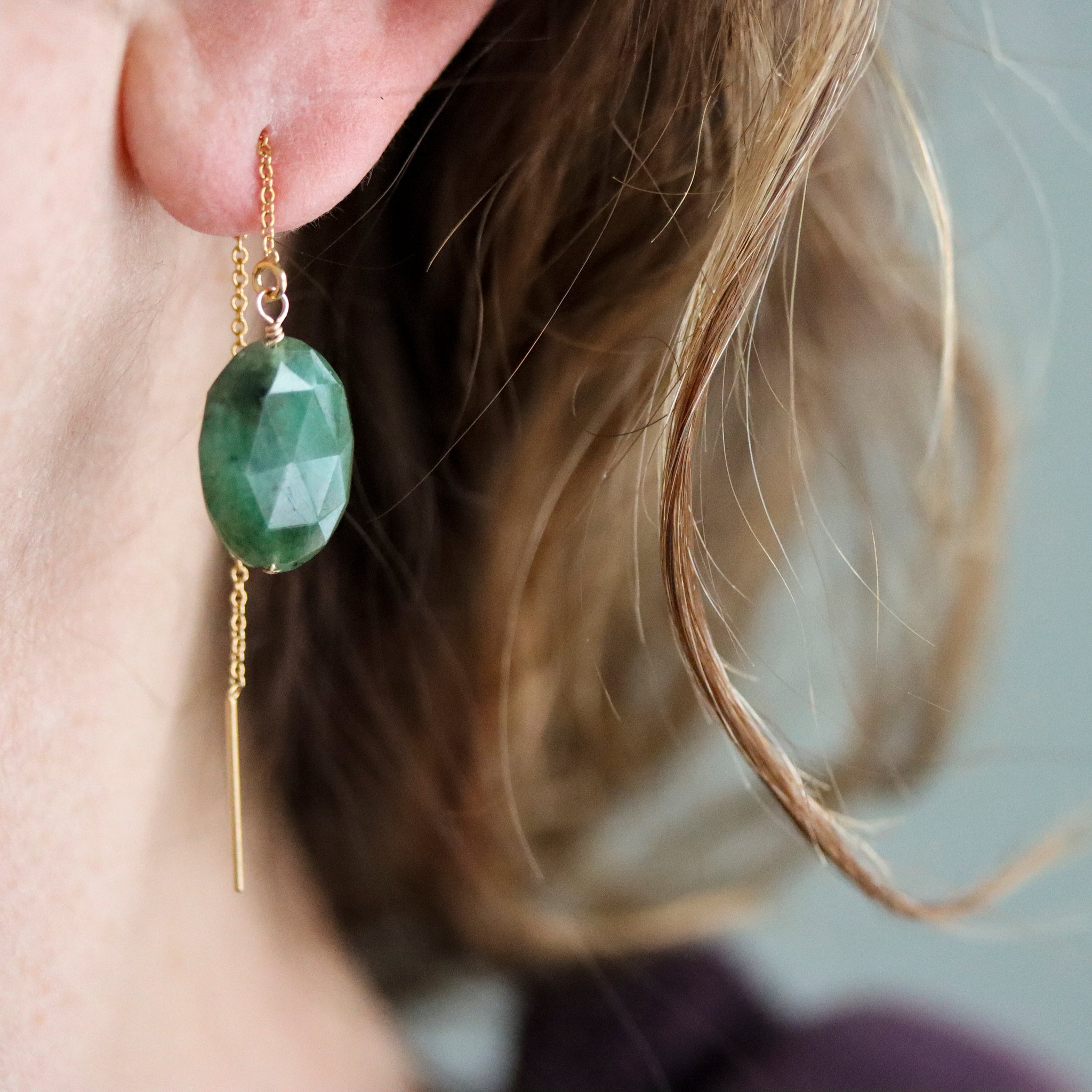 Palma Emerald Threader Earrings - Modern gemstone and chain dangle design - Rebecca Haas Jewelry