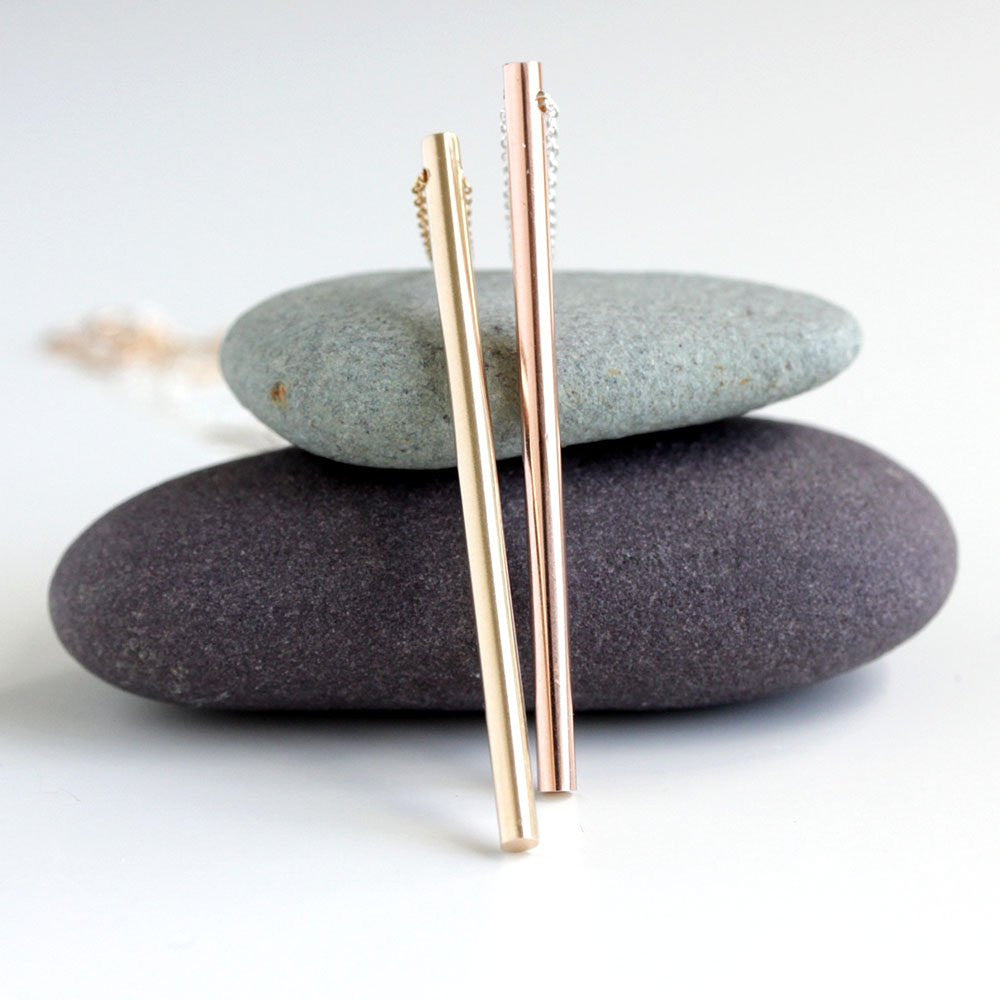 Gold Column Necklace - Minimalist Cylinder Pendant on Chain - Rebecca ...